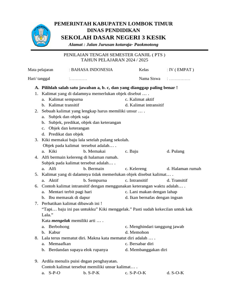 SOAL PTS BAHASA INDO KELAS 4 KM | PDF