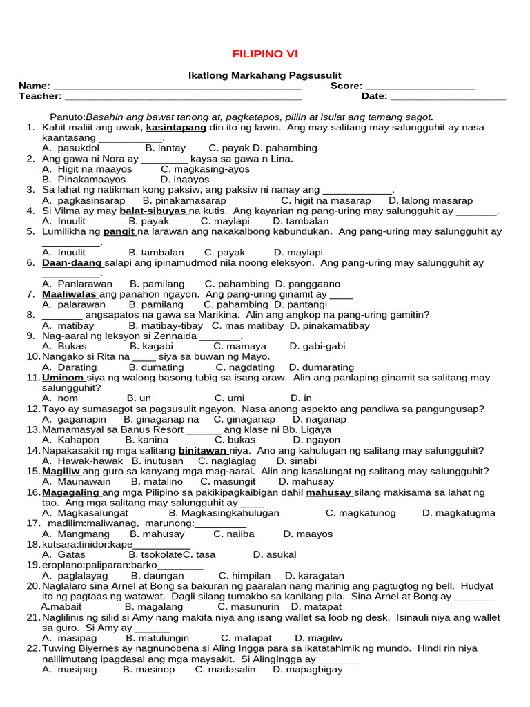 PT - FILIPINO 6 - Q3 3RD PT 39 Items | PDF