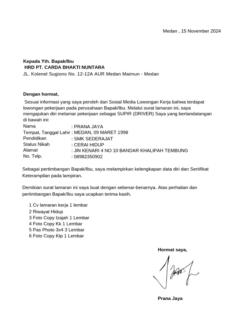 Surat Lamaran Kerja Supir Medan | PDF