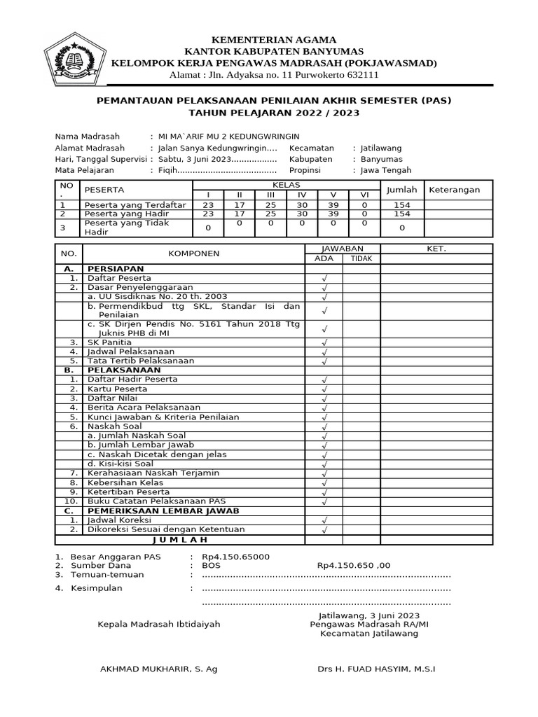 Instrumen Monev Pas Tahun Pelajaran 2022-2023 | PDF