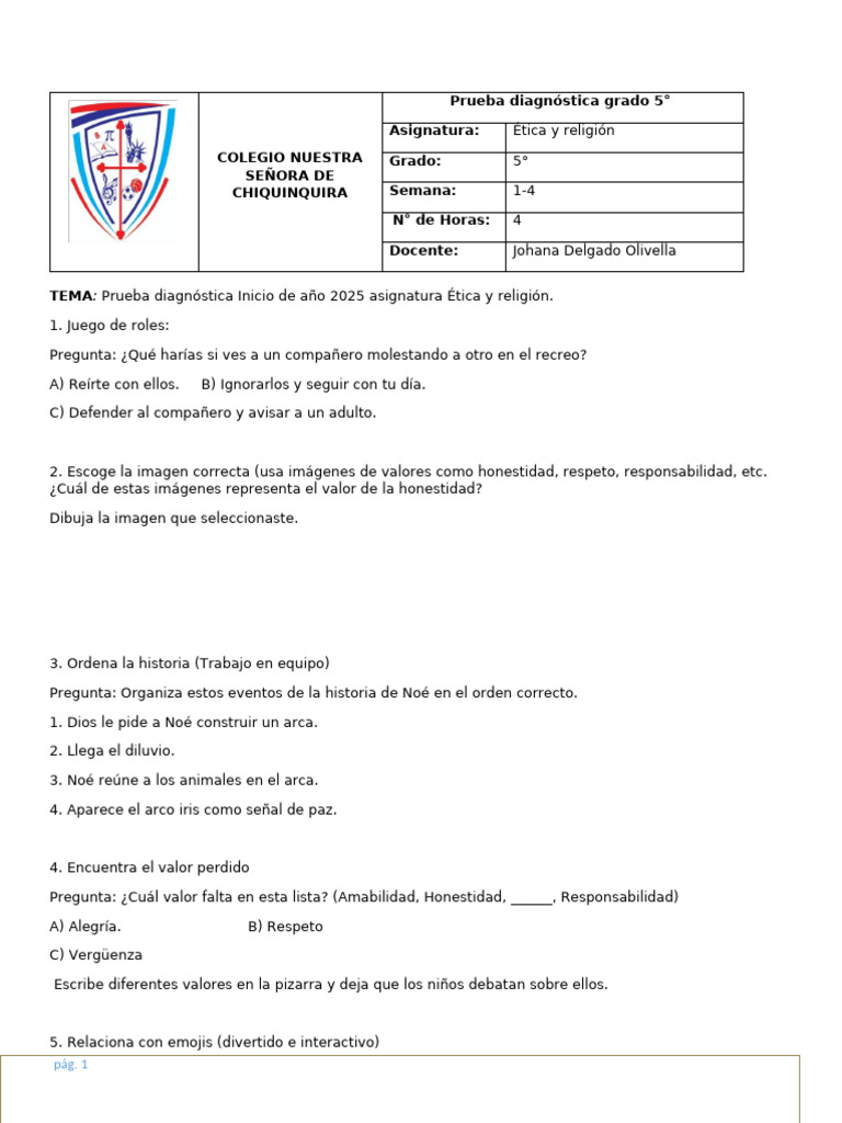 Prueba diagnóstica.Español. 5° | PDF