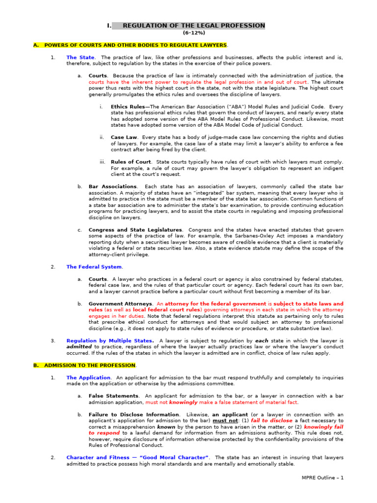 Outline - MPRE (July 2024) - UPDATED | PDF | Evidence (Law) | Lawyer