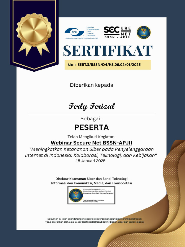 Sertifikat SecureNet BSSN-APJII_Ferly Ferizal_sign | PDF