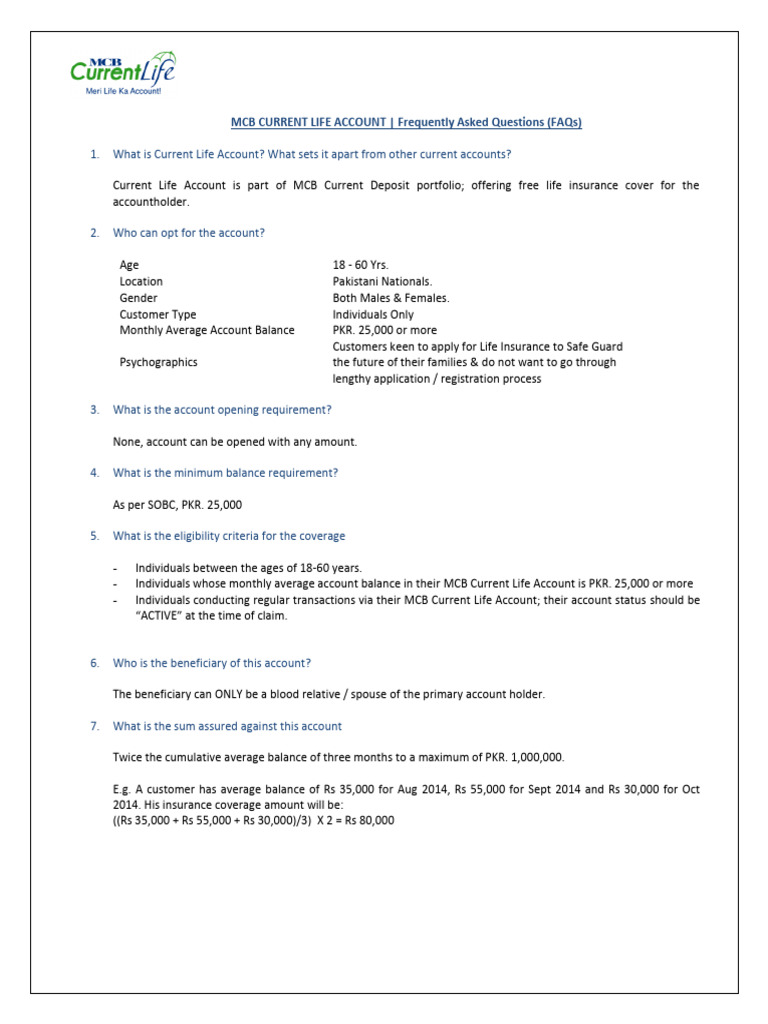 MCB Current Life Account - FAQs | PDF | Insurance | Life Insurance
