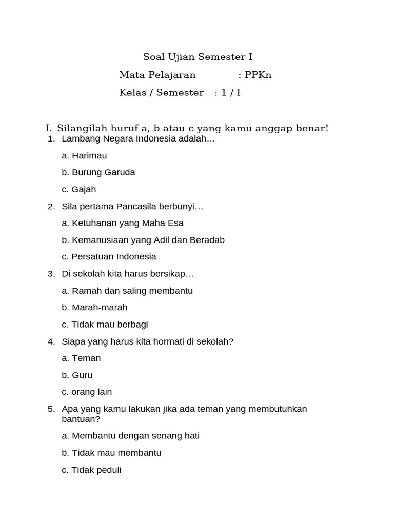 Soal PKN Kelas 1 Semster 1 Kumer | PDF