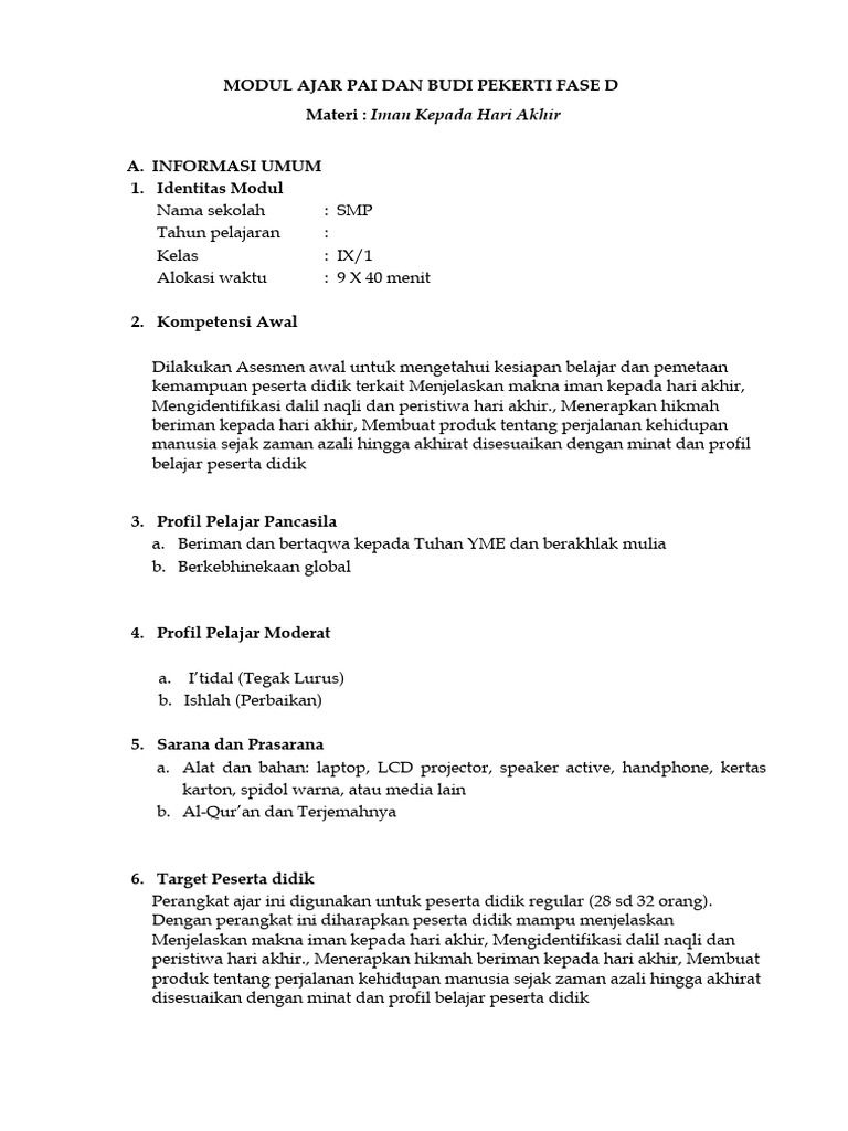 Modul Ajar Iman Kepada Hari Akhir | PDF