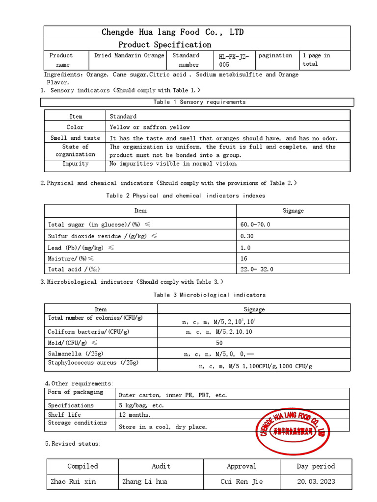 Dried Mandarin Orange Spec | PDF