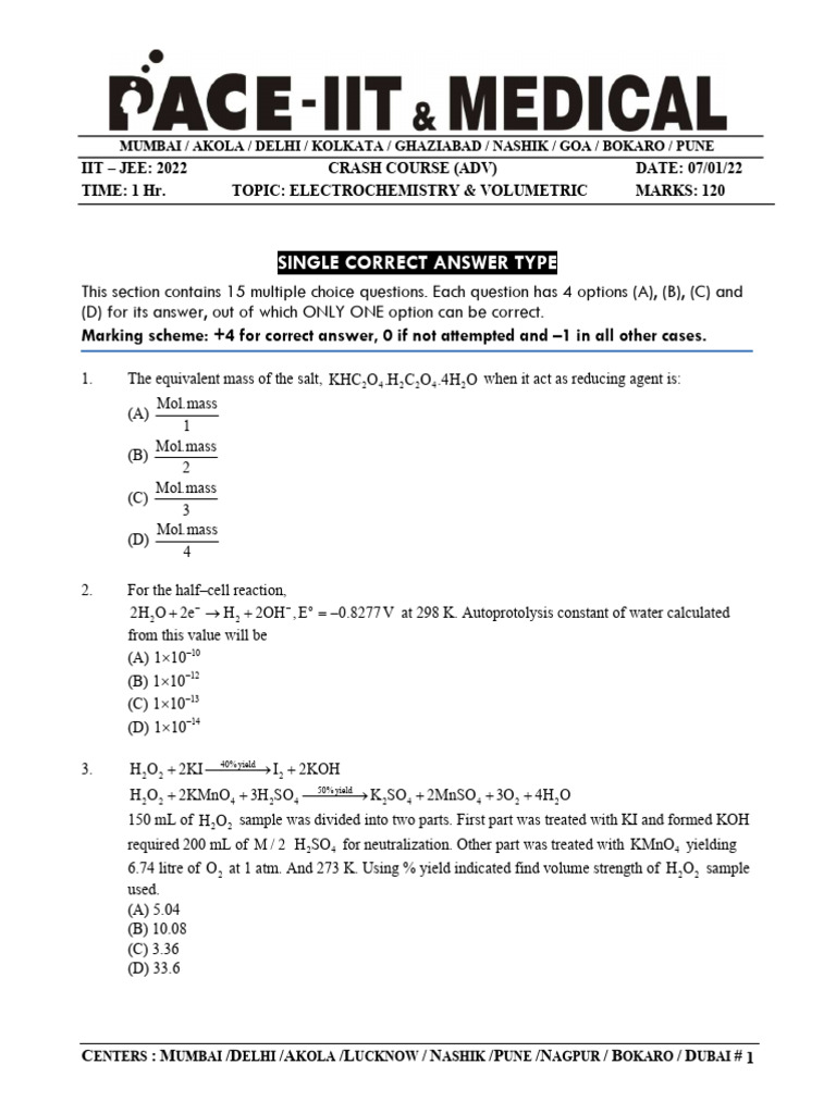 IIT JEE 2022 Advanced Crash Course: Electrochemistry | PDF | Redox | Titration