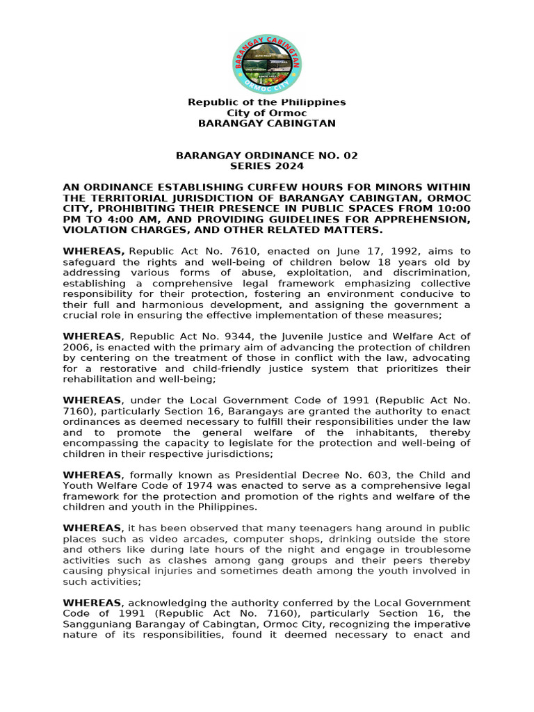 Revised - Curfew Ordinance - Cabingtan | PDF | Child Neglect | Justice