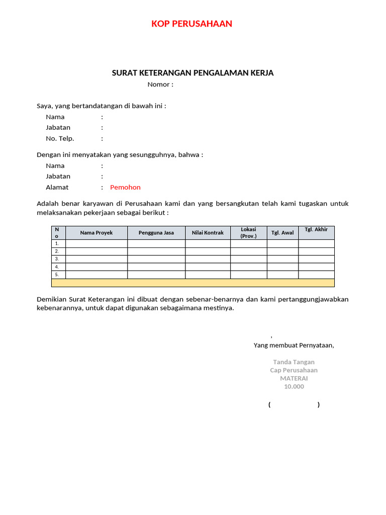Form Pengelaman Kerja SKK LPJK | PDF