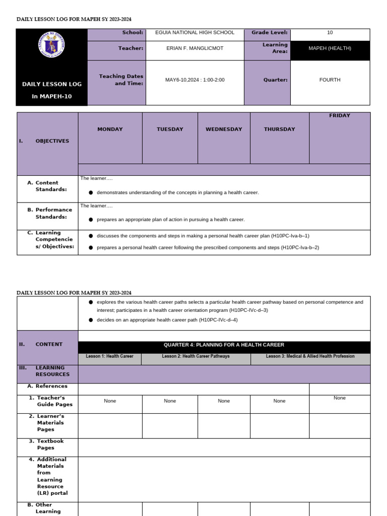 Q4 DLL-MAPEH 10_Health-Wk1-4 (1) | PDF | Medical Diagnosis | Health Care