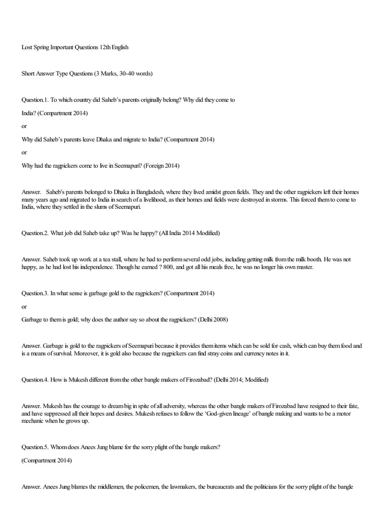 Important Questions on Lost Spring | PDF