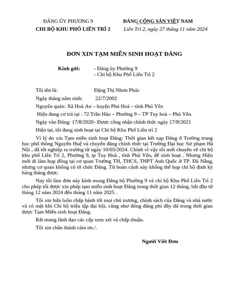 Đon Xin TAM Miễn Sinh Hoat Dang PHUC | PDF