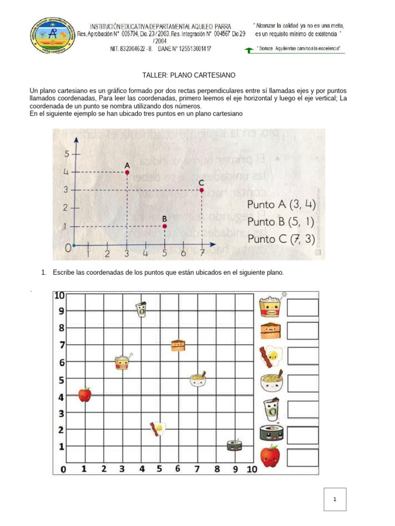 Taller sobre el Plano Cartesiano | PDF