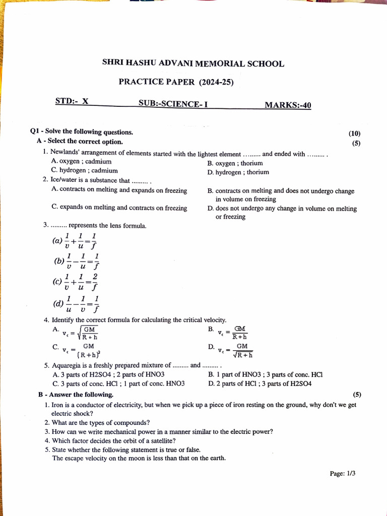 Science Practice Paper Std X | PDF | Chemistry | Physical Sciences
