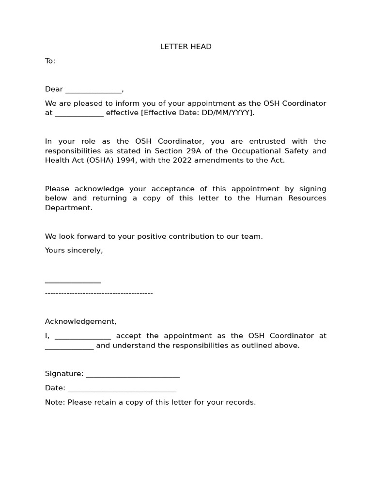 Draft Surat Lantitkan Sebagai OSH Coordinator | PDF