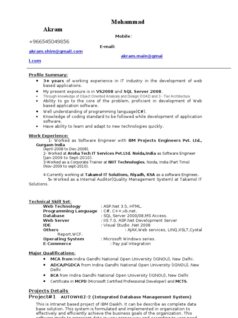 Resume | Microsoft Visual Studio | Databases