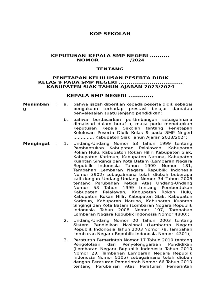 Contoh SK Kelulusan Pesdik 2024 | PDF