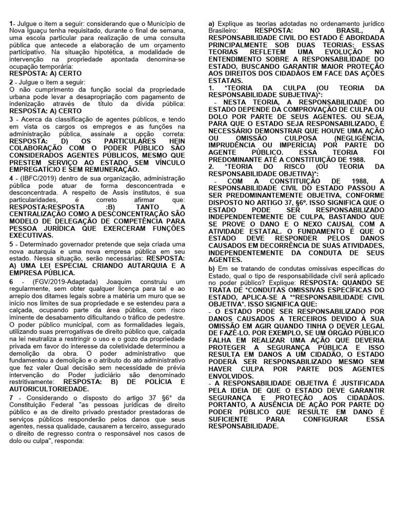 PROVA P2 Direito Administrativo 3ª | PDF | Estado | Propriedade privada