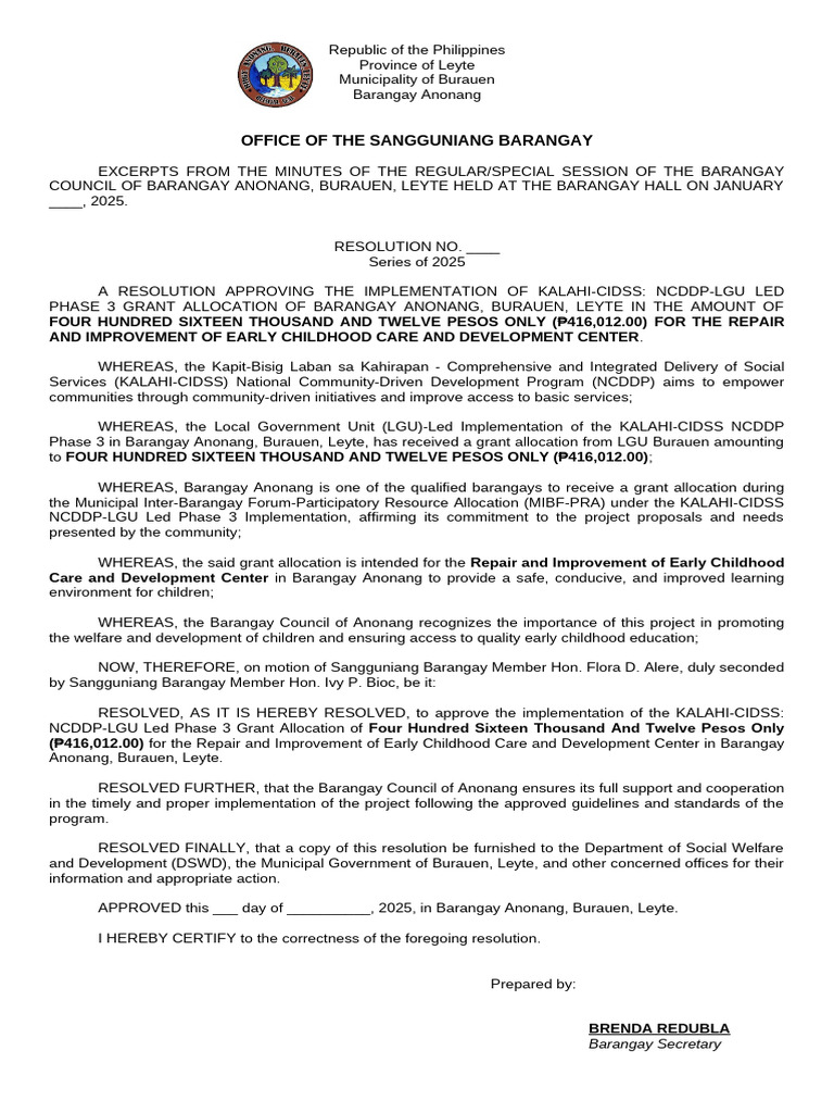RESO APPROVING THE IMPLEMENTATION Anonang | PDF | Government | Philippines