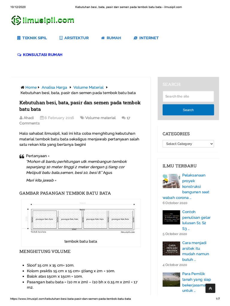 Kebutuhan Material Tembok Batu Bata | PDF