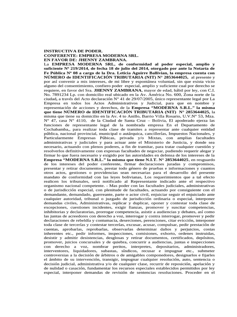 Modelo de Instructiva de Poder para Representante Legal de Empresa | PDF | Separación de poderes ...