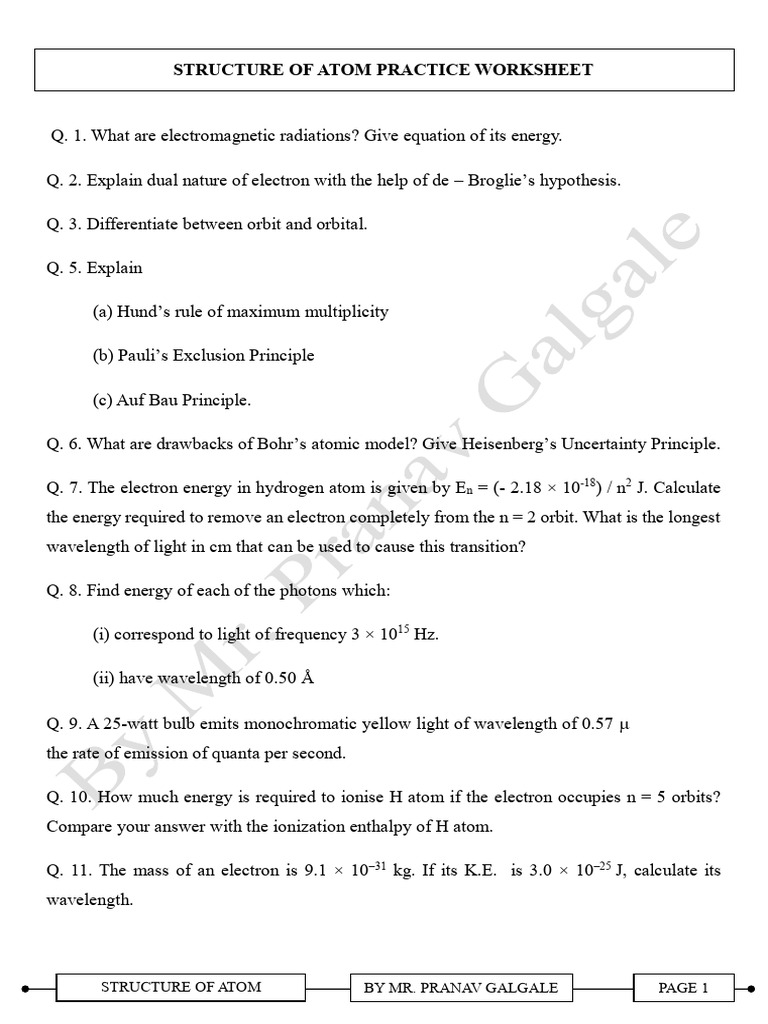 Structure of Atom Practice Worksheet | PDF