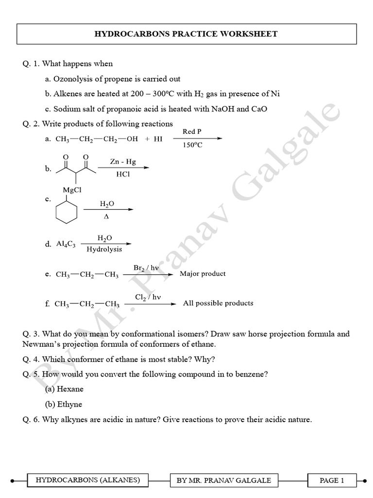 Hydrocarbons Practice Worksheet (1) | PDF