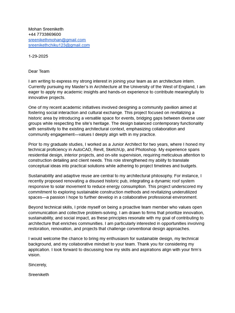 Cover Letter | PDF | Sustainability | Sustainable Design