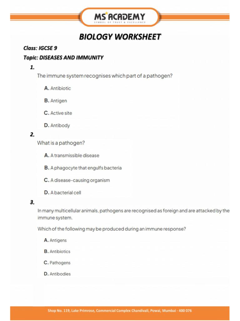 IGCSE 9 Diseases & Immunity Worksheet | PDF