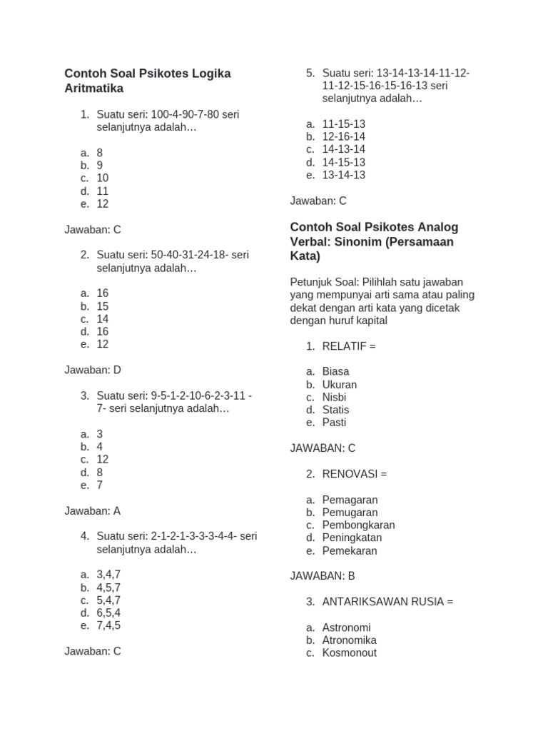Contoh Soal Psikotes Logika Aritmatika | PDF