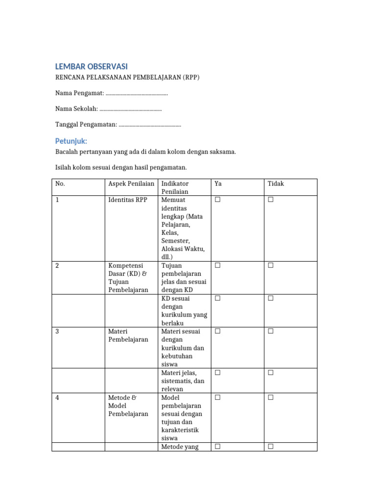 Lembar Observasi RPP | PDF