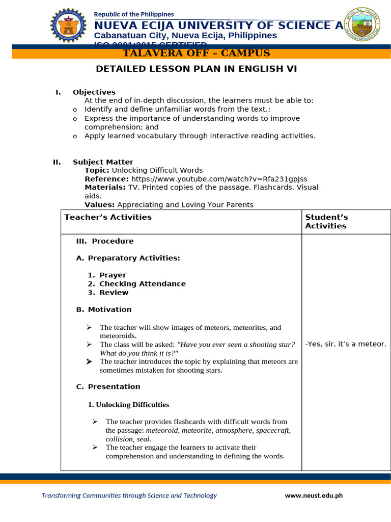 Detailed Lesson Plan in English Vi-Q3-W8-D4 | PDF | Meteoroid | Reading Comprehension