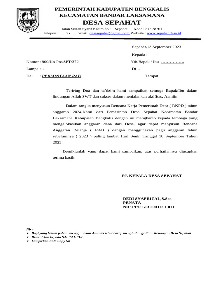 Permintaan RAB Desa Sepahat 2024 | PDF
