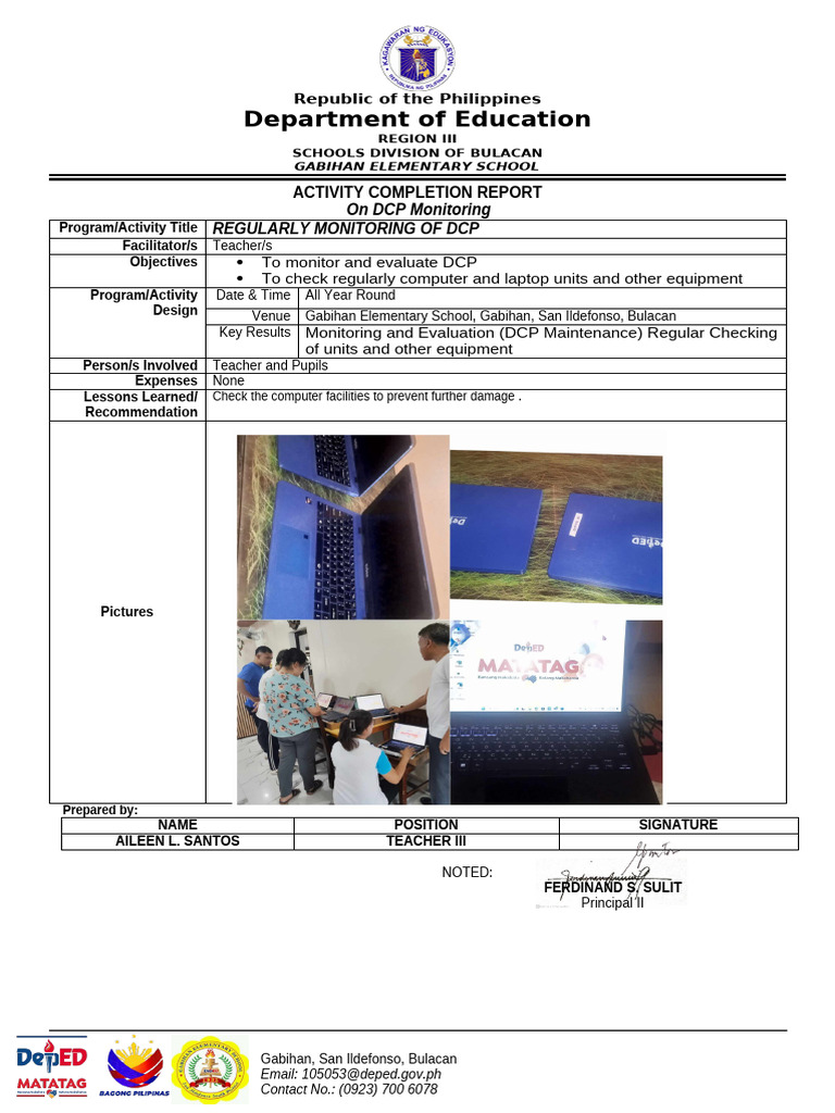 DCP Monitoring Activity Report - Gabihan School | PDF