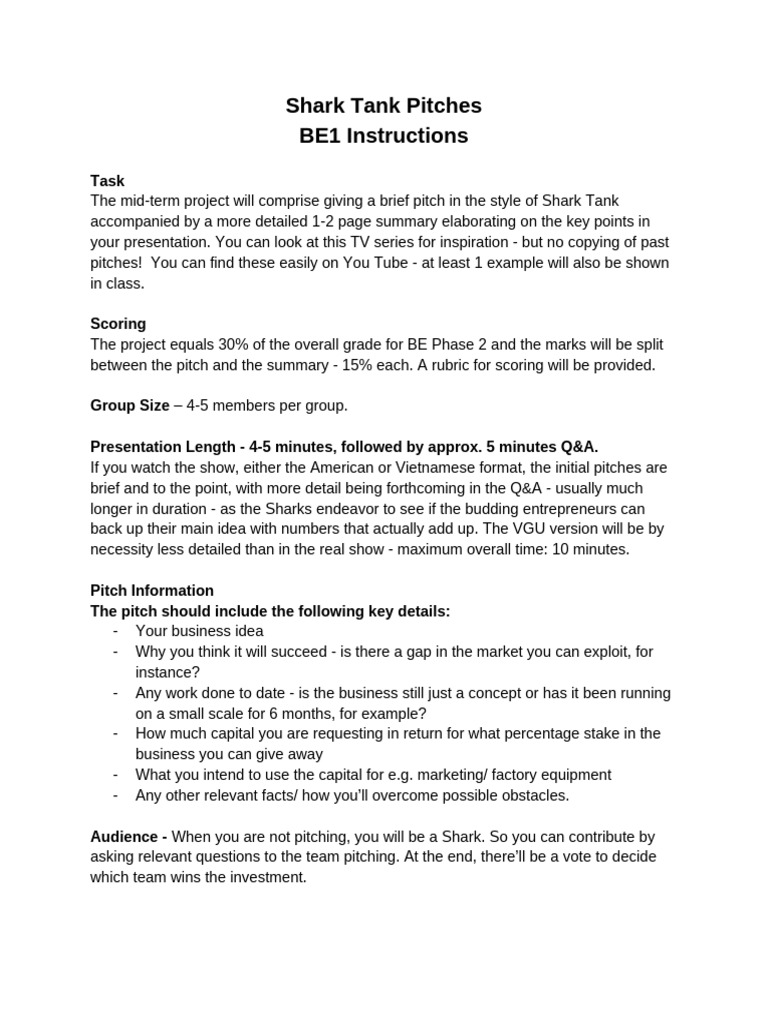 Shark Tank Pitch Project Guidelines | PDF