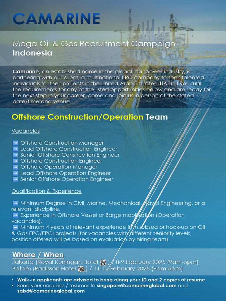 Camarine - Indonesia Recruitment - Offshore Construction - Operation Opportunities | PDF