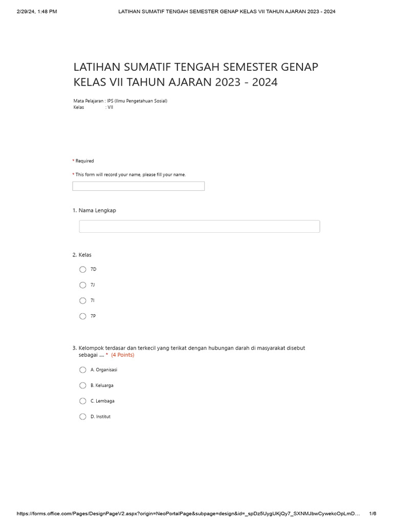 Latihan Sumatif Tengah Semester Genap Kelas Vii Tahun Ajaran 2023 - 2024 | PDF
