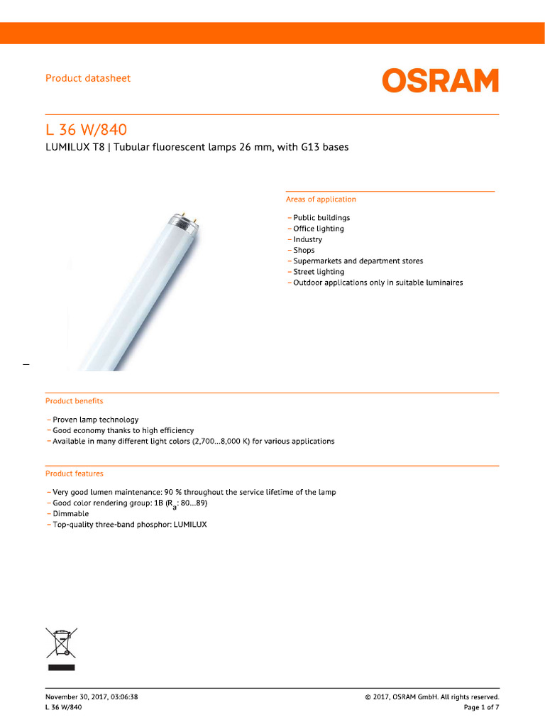 Datasheet Osram T8 Fluorescent Lamp L 36W 840 4050300517872 | PDF