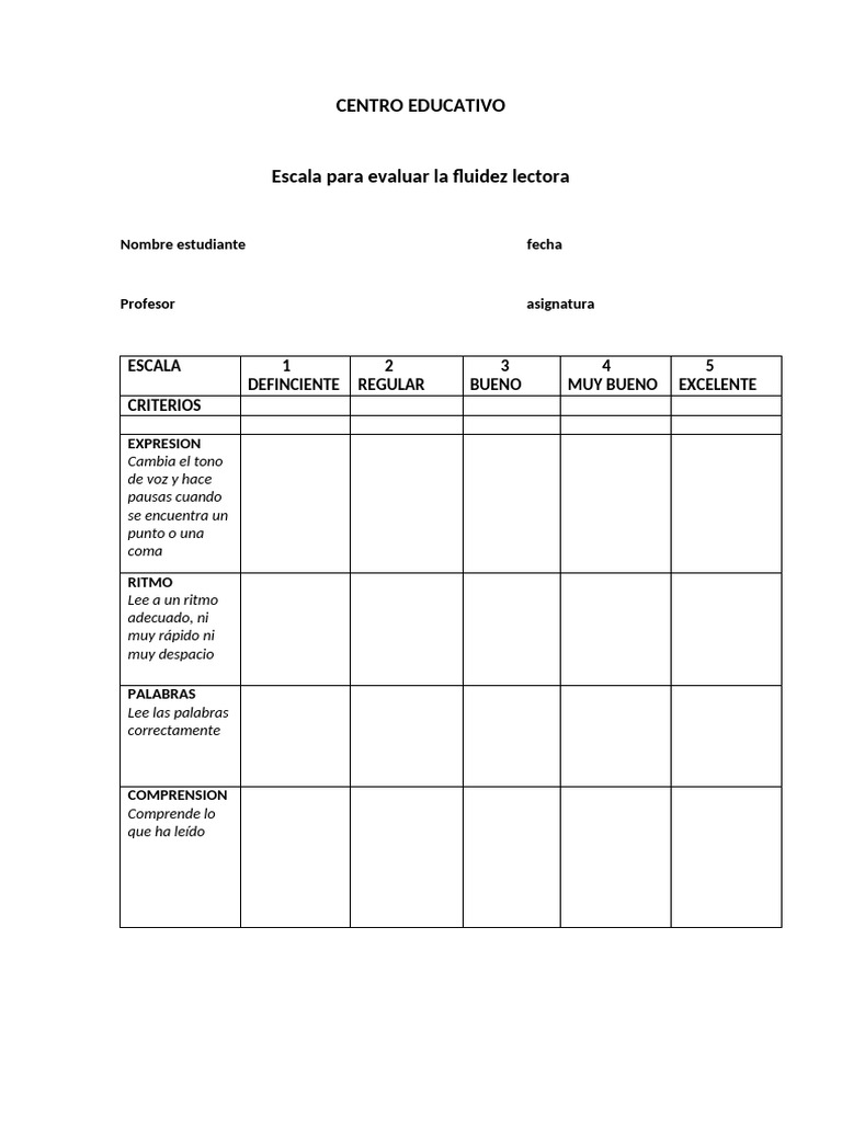 Escala Para Evaluar La Fluidez Lectora | PDF