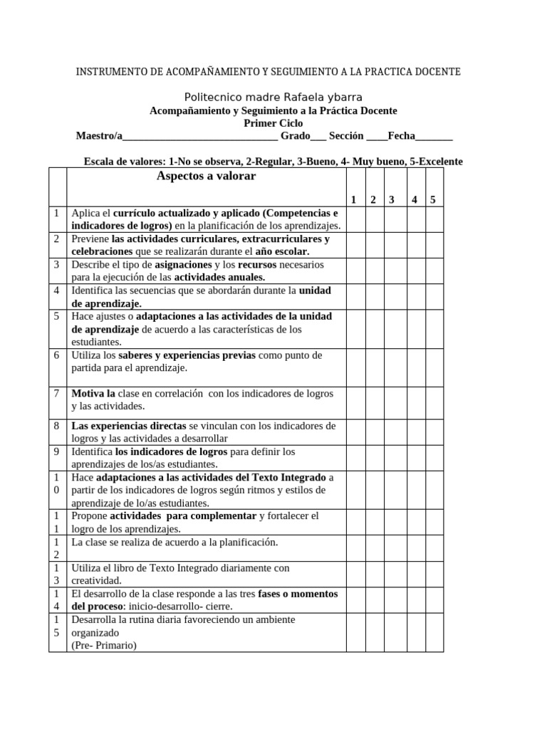Instrumento de Acompa A La Practica Docente 1 | PDF | Plan de estudios | Aprendizaje