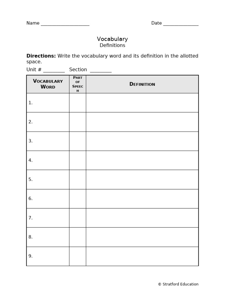 Definitions Worksheet 20 Words | PDF