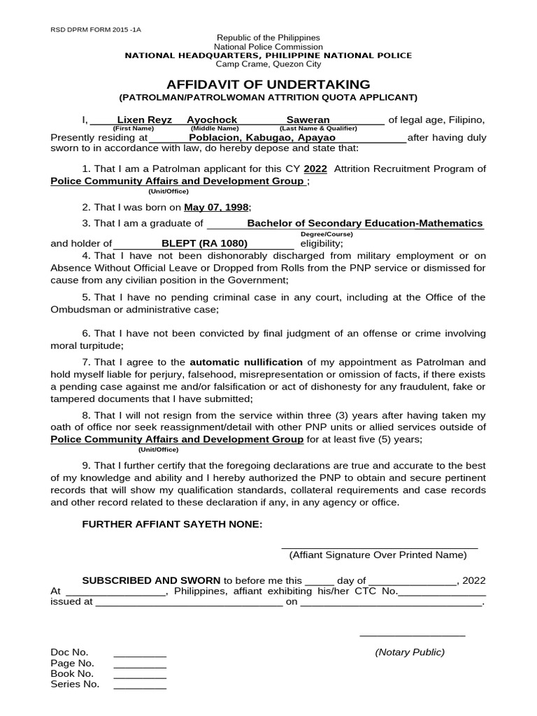 Affidavit of Undertaking | PDF | Affidavit | Legal Procedure