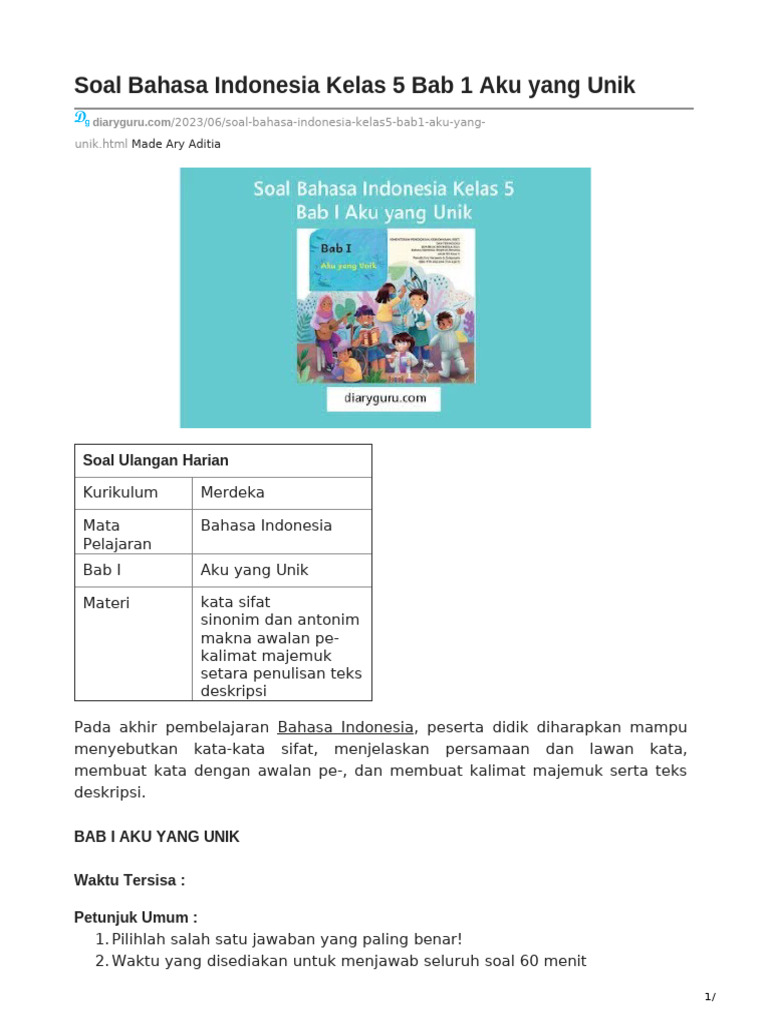 Soal Bahasa Indonesia Kelas 5 Bab 1 Aku Yang Unik | PDF