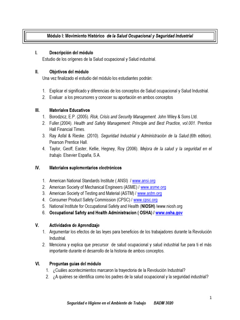 M Dulo I Seguridad e Higiene en El Ambiente de Trabajo | PDF | Seguridad y salud ocupacional ...