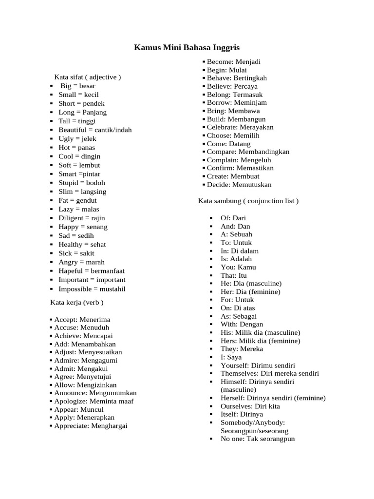 Kamus Mini Bahasa Inggris dan Contoh | PDF