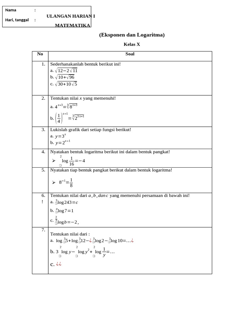 Soal Ulangan Eksponen dan Logaritma Kelas 10 | PDF