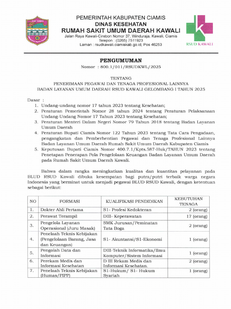 Pengumuman Rekrutmen BLUD RSUD Kawali Gelombang I Tahun 2025 | PDF