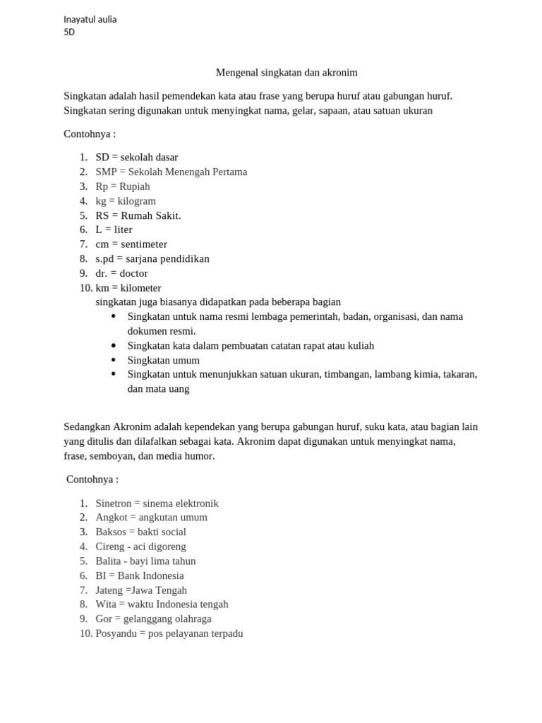 Mengenal Singkatan Dan Akronim Inayatul Aulia | PDF