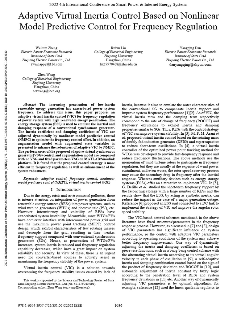 Adaptive Virtual Inertia Control Based On Nonlinear Model Predictive Control For Frequency ...